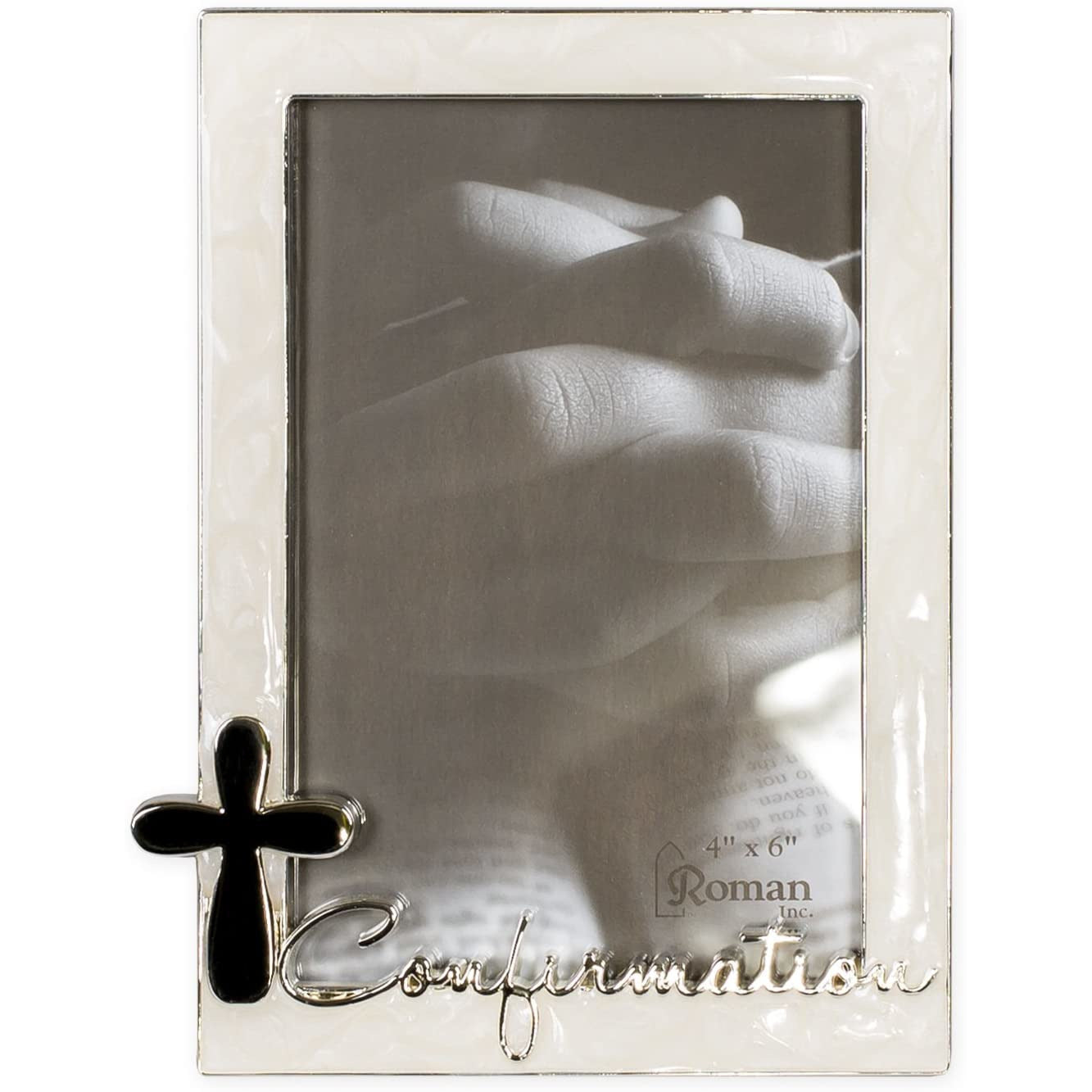 Roman Confirmation Silver Finish Cross 4 x 6 Photo Pearl Trim Picture